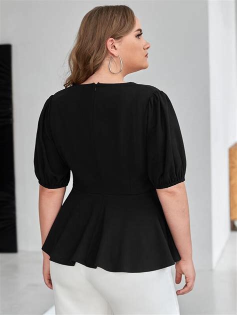 Shein Plus Puff Sleeve O Ring Belted Peplum Top Shein Usa
