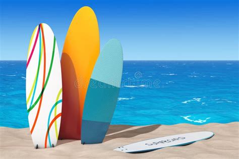 Colorful Summer Surfboards On The Sand Sunny Beach 3d Rendering Stock