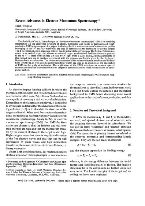 Pdf Recent Advances In Electron Momentum Spectroscopy