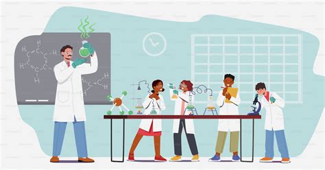 작은 연구원들은 화학 수업에서 실험을 수행합니다 교사가 장비로 화학 실험을 수행하는 교실에서 수업을 하는 학생 캐릭터 만화