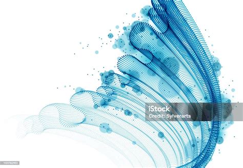 동적 입자 물결 흐르는 바람에 투명 한 얇은 명주 그물 섬유 점선 곡선 벡터 추상적인 배경입니다 혼합 포인트의 아름 다운 3d 웨이브 모양의 배열 물에 대한 스톡 벡터 아트