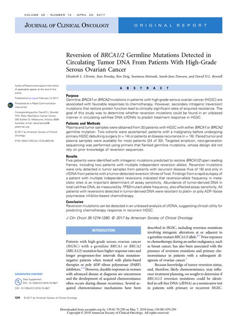 Pdf Reversion Of Brca12 Germline Mutations Detected In Circulating