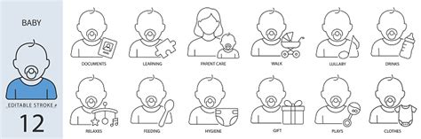 흰색 배경에 최소한의 검은 색 윤곽선 스타일의 12 개의 아기 아이콘 세트입니다 유아 보육 육아 위생 수유 발달 문서 장난감 및