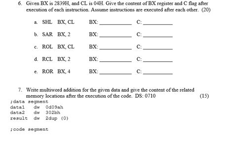 Solved 6 Given Bx Is 2839h And Cl Is 04h Give The Content