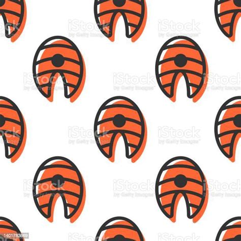 이음새가 없는 패턴 스테이크 연어 흰색 배경에 벡터 일러스트레이션 건강한 생활방식에 대한 스톡 벡터 아트 및 기타 이미지 건강한 생활방식 고기 귀여운 Istock