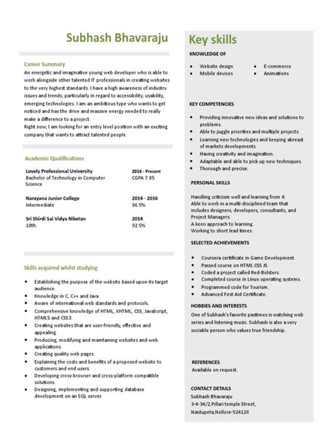 Subhash Bhavaraju Key Skills Career Summary Pdf Websites Java Script