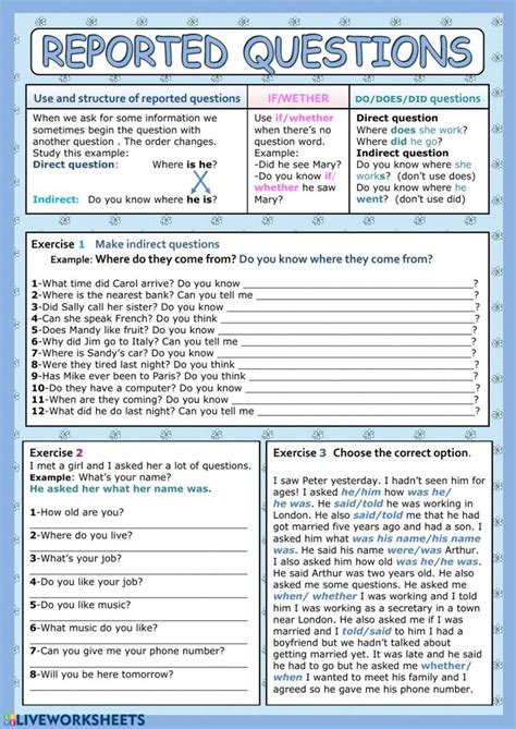 Reported Questions Interactive Worksheet