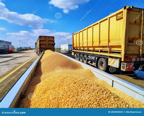 Loading Grain Into Holds Of Sea Cargo Vessel In Seaport From Silos Of