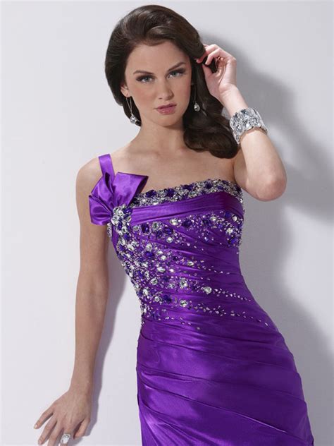Purple Column One Shoulder Lace Up Sweep Train Full Length Evening