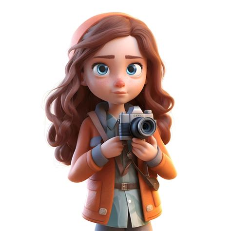 Representación 3d de una linda chica de dibujos animados con una cámara