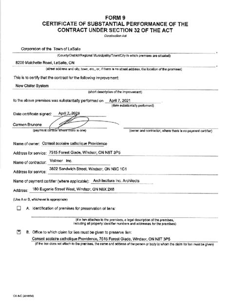 Fillable Online Form 9 Certifcate Of Substantial Performance Of The Fax
