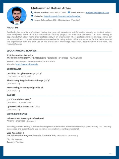 Cv Muhammad Rehan Athar Pdf Security Computer Security