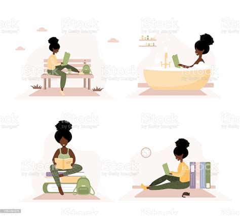 책 애호가 책을 들고 아프리카 독서 여성 시험 또는 인증 준비 지식과 교육 도서관 개념 문학 독자 플랫 스타일로 벡터 그림 집합입니다 벡터에 대한 스톡 벡터 아트 및 기타