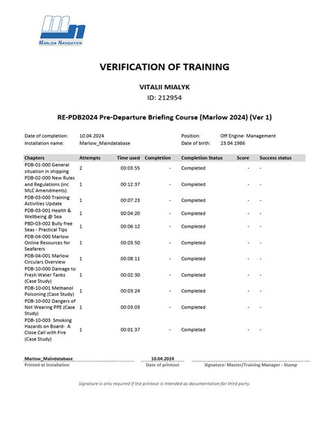 Pdb Rapid E Learning Verification Of Training Report For Selected