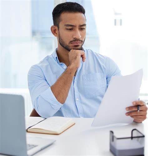 Premium Photo Reading Documents And Business Man Thinking Problem Solving Or Looking For