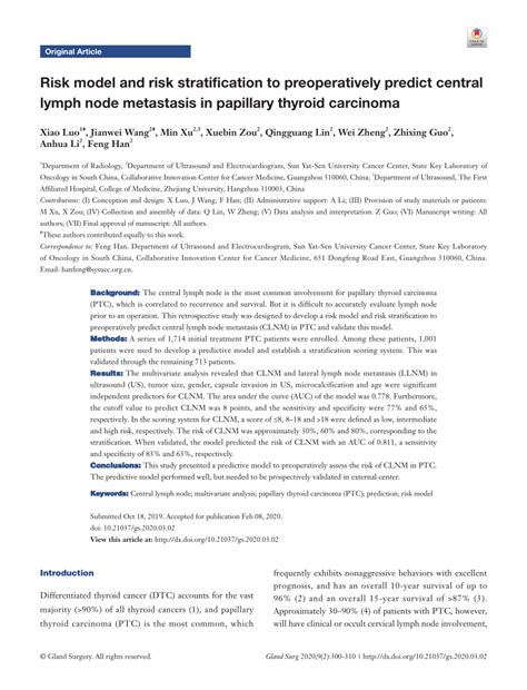 Pdf Risk Model And Risk Stratification To Preoperatively Predict Central Lymph Node Metastasis