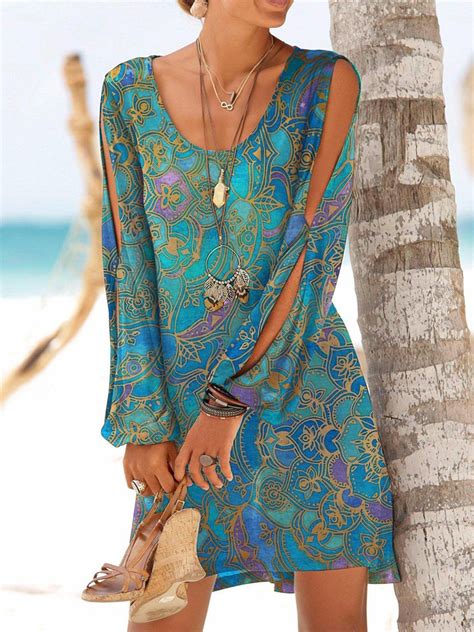 Zolucky Summer Dresses Long Sleeve 1 Shirt Dress Holiday Shift Crew