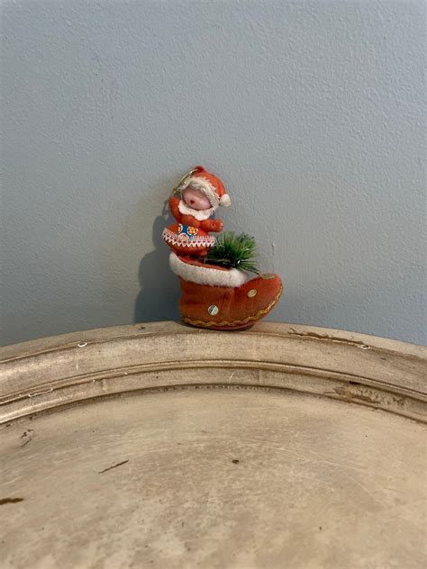 Vintage Santa Boot Ornament Red Flocked Boot With Mrs Claus Etsy