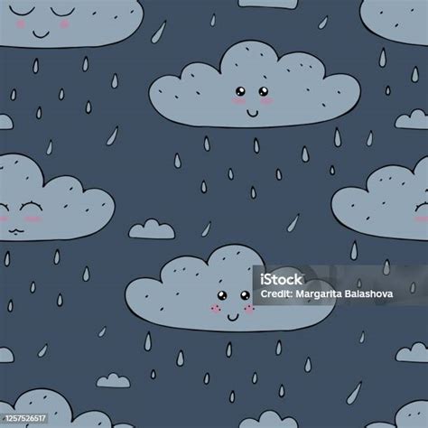 無縫向量模式的藍色雲與可愛的 Kawaii 臉與雨滴在藍色背景向量圖形及更多一組物體圖片 一組物體 九月 人體部分 Istock