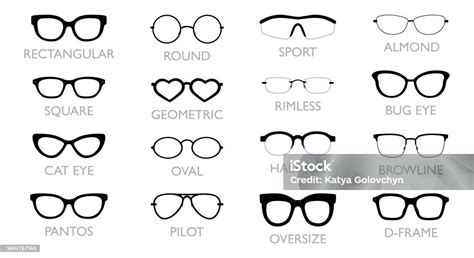 Set Of Different Types Of Glasses Rectangular Pilot Round Square Cat