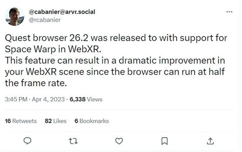Cabanier Webxr Dev At Meta Quest Browser 262 Was Released To With