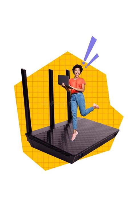 Vertical Photo Collage Of Happy American Girl Jump Wifi Router Device 5g Fast Connection