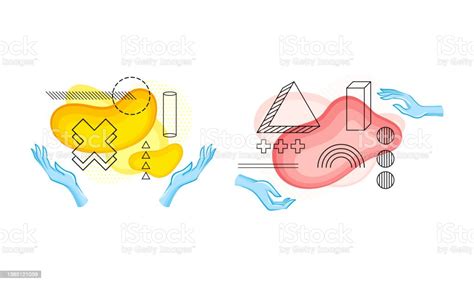 기하학적 모양과 추상적 인 다채로운 Blobs 세트 벡터 일러스트의 윤곽과 인간의 손 개념에 대한 스톡 벡터 아트 및 기타