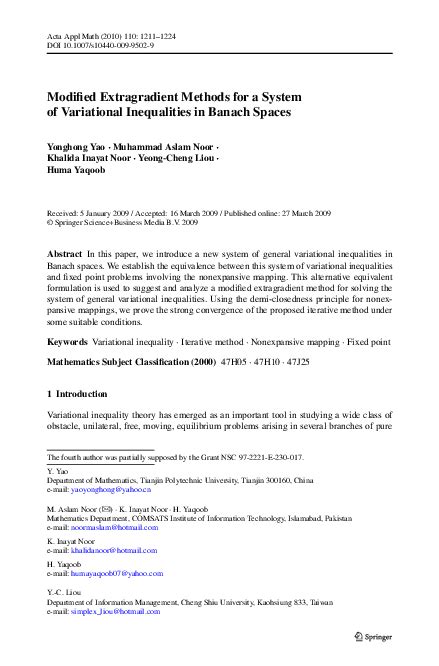 Pdf Modified Extragradient Methods For A System Of Variational Inequalities In Banach Spaces