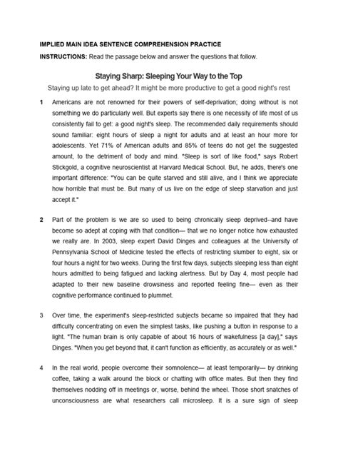 Implied Main Idea Sentence Comprehension Practice Pdf Sleep Sleep