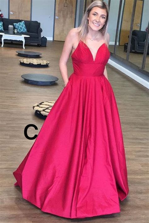 Simple A Line Spaghetti Straps V Neck Backless Pockets Prom Dresses