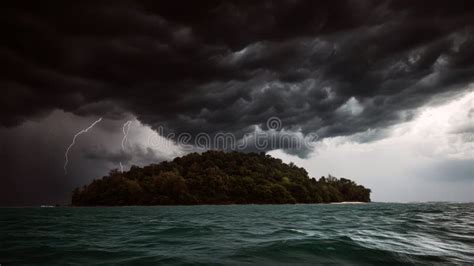 Dark Storm Clouds And Lightning Looming Over Dense Lush Island In