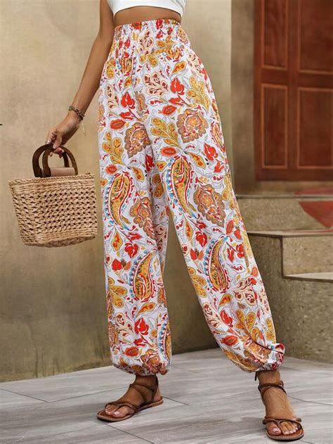 Shein Vcay Paisley Print Shirred Waist Jogger Pants Shein Usa