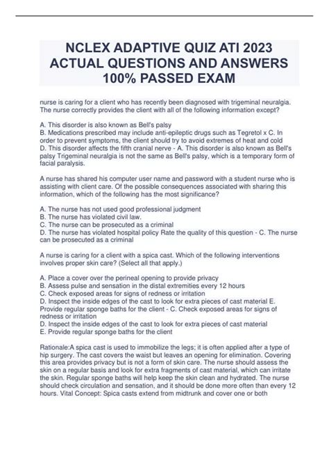 NCLEX ADAPTIVE QUIZ ATI 2023 ACTUAL QUESTIONS AND ANSWERS 100 PASSED