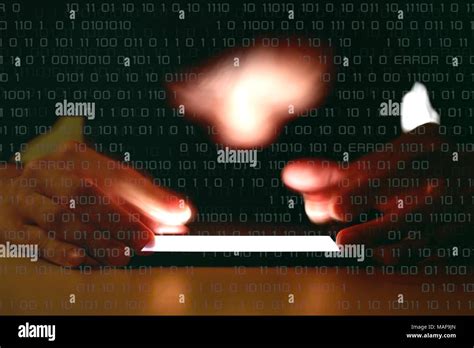 Double Exposure Image Of Man Using Smartphone And Binary Code Text Data
