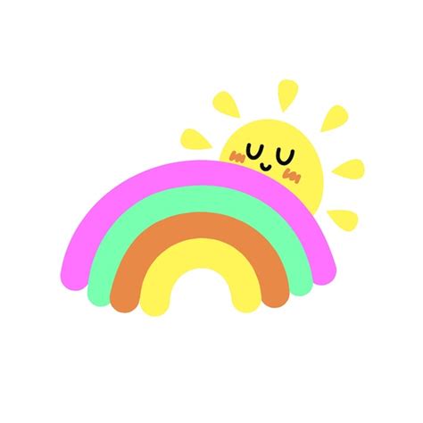 Arco iris de colores con nubes y sol ilustración de dibujos animados