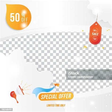 소셜 페이지에 대한 배너입니다 특별 제공 메가 세일 50 비행기 구름의 투명 한 배경에 라우드 스피커 종이와 빛나는 조명에서 잘라 개념에 대한 스톡 벡터 아트 및 기타