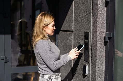 Female Entering Secret Key Code For Getting Access And Passing Building