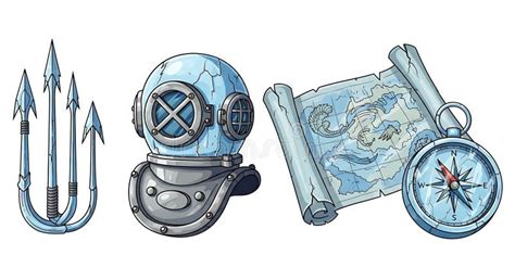 Cartoonish Diving Set Featuring Helmet Map Compass And Trident Stock Illustration