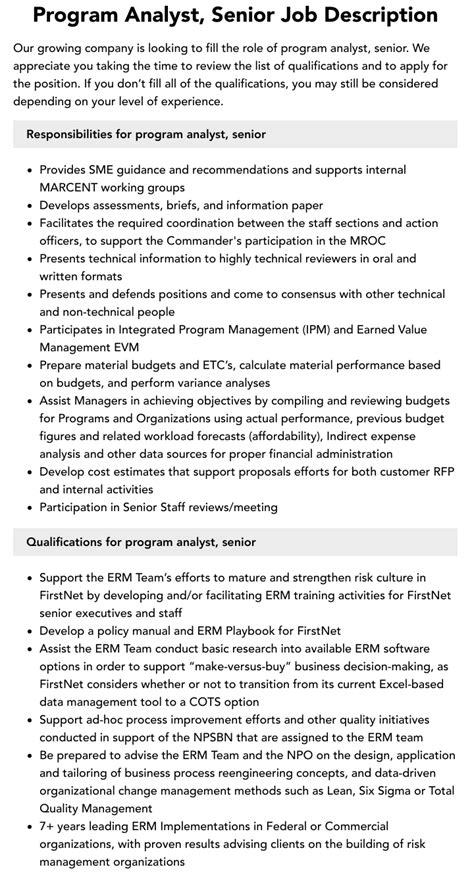 Program Analyst Senior Job Description Velvet Jobs