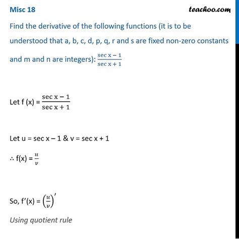 Misc 18 Find Derivative Sec X 1 Sec X 1 Cbse Miscellaneou