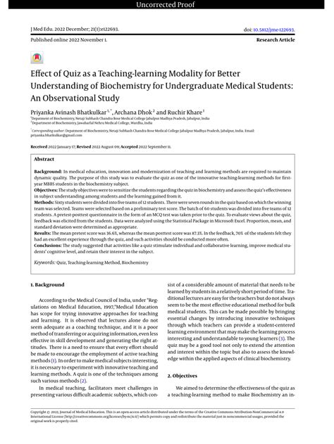 Pdf Effect Of Quiz As A Teaching Learning Modality For Better Understanding Of Biochemistry