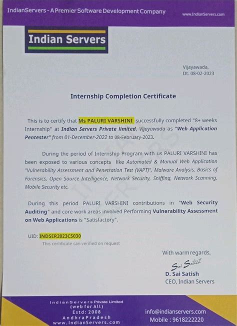 Varshini Paluri On Linkedin Internship Indianservers Cybersecurity