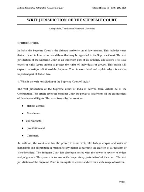 Writ Jurisdiction Of The Supreme Court Pdf Writ Habeas Corpus