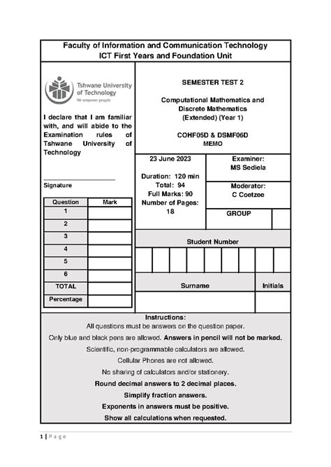 Semester Test MEMO Moderated Faculty Of Information And Communication Technology ICT First
