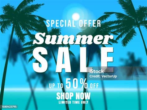 여름 세일 배너 템플릿입니다 야자수 태양 하늘 열대 바다 여름 장면 개념에 대한 스톡 벡터 아트 및 기타 이미지 개념 계절 광고 Istock