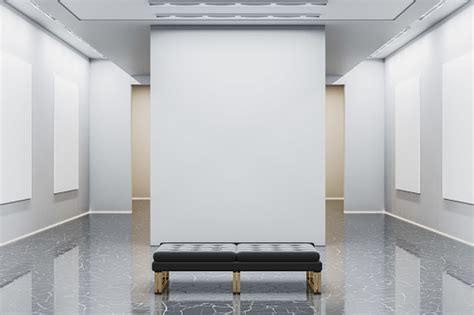 벽에 빈 흰색 캔버스가 있는 미니멀리스트 갤러리 인테리어와 현대적인 디자인 모형 또는 브랜딩 프레젠테이션 템플릿을 위한 중앙 벤치 3d 렌더링 0명에 대한 스톡 사진 및