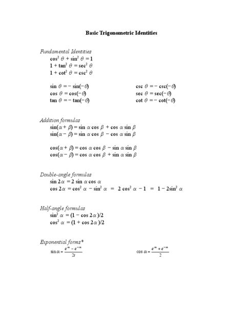 Basic Trigonometric Identities Addition Formulas Pdf