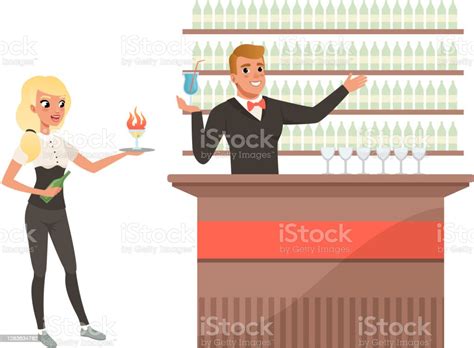 젊은 바텐더 남자와 여자 만드는 칵테일과 혼합 알코올 음료 벡터 일러스트 레이션 세트 와인바에 대한 스톡 벡터 아트 및 기타