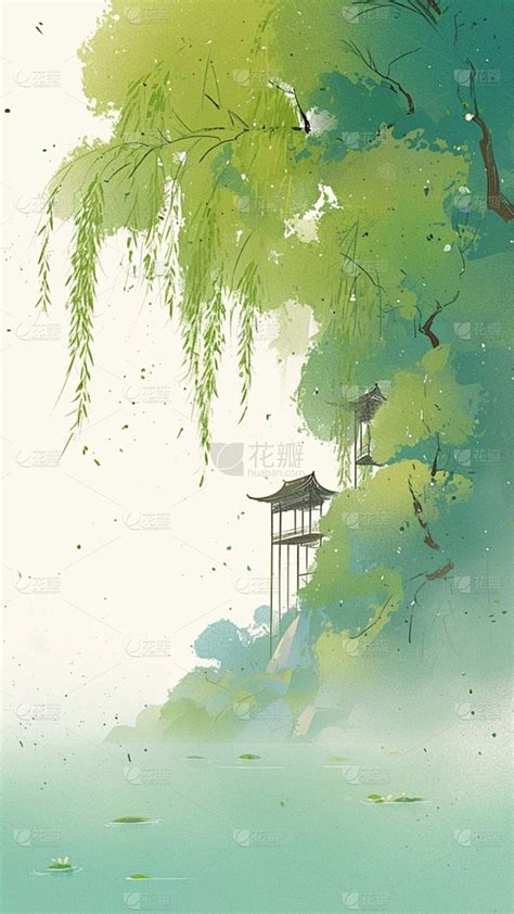 清明通用插画水墨风山水柳叶背景场景图片素材