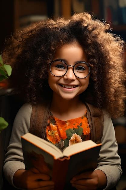 Premium Photo Young Girl With Glasses Is Smiling And Reading Book